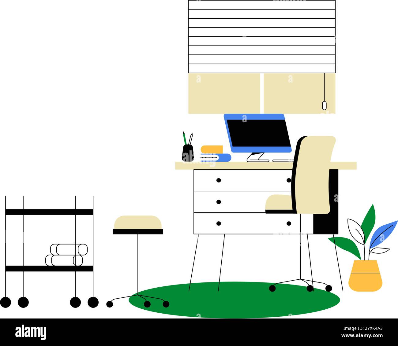 Office Desk With Storage Drawer And Computer In Flat Vector Illustration Symbolizing Modern Home