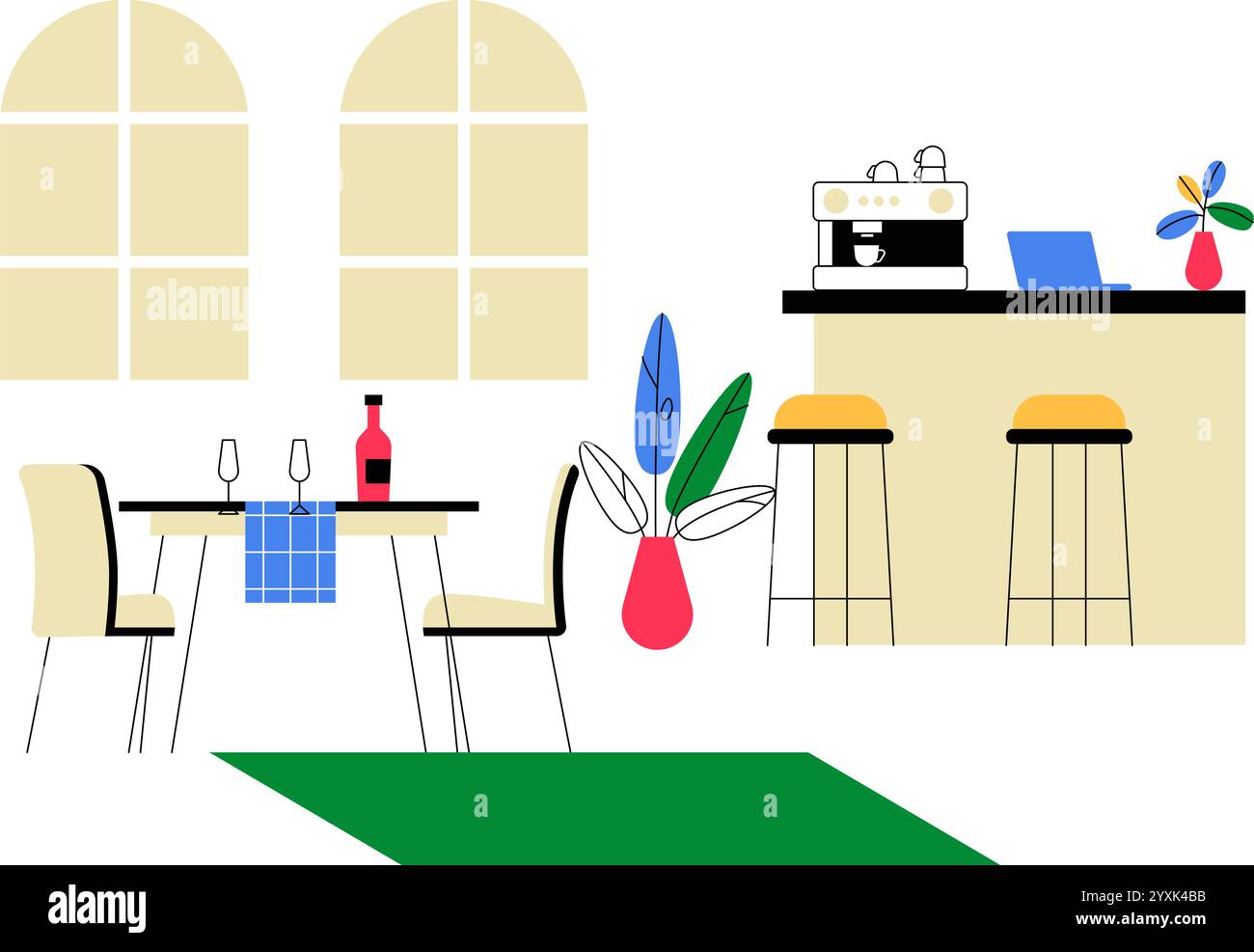 Cafe Interior With Dining Table, Counter, And Decor In Flat Vector ...