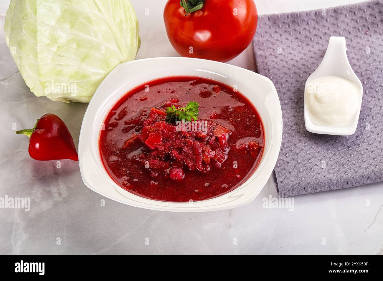 Borsch soup with cabbage, meat and beetroot Stock Photo - Alamy