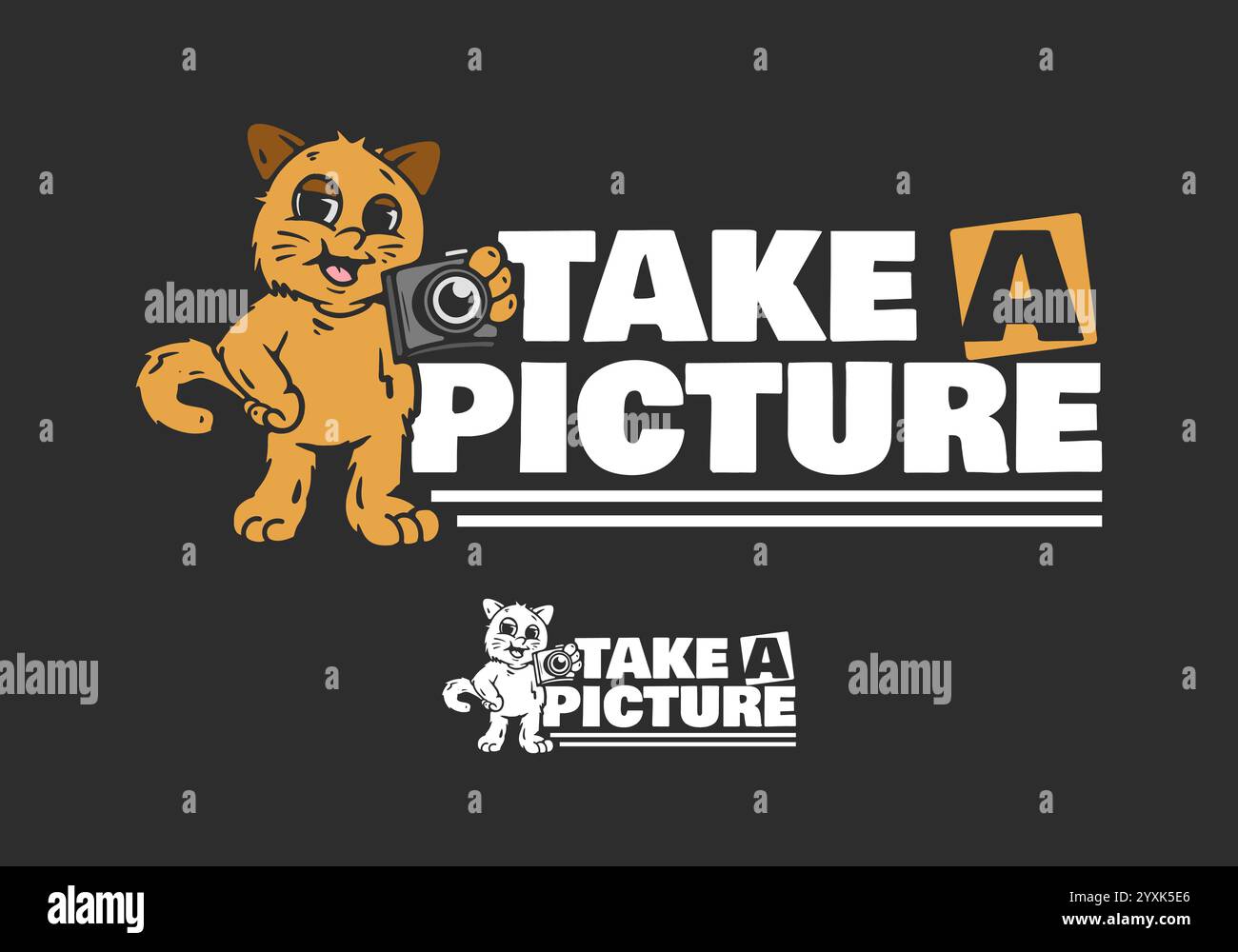 Take a picture. Standing orange cat character holding a camera ...