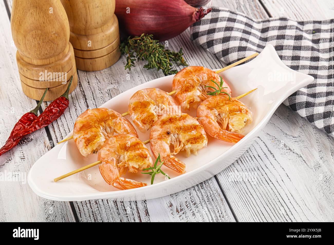 Grilled king prawn skewer snack appetizer Stock Photo - Alamy