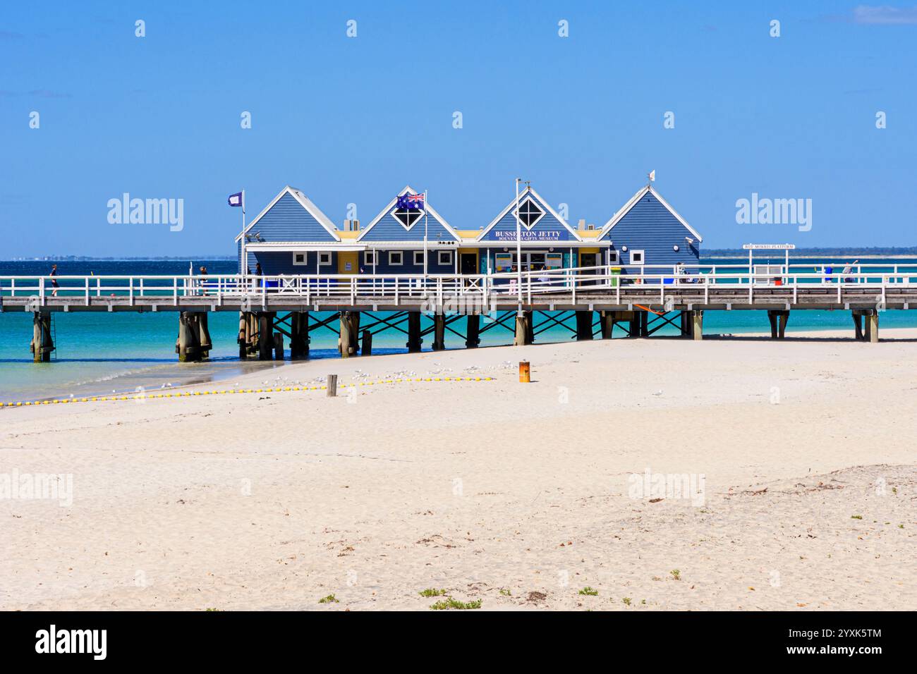 Busselton Jetty, an old wooden pier jutting out into Geographe Bay ...