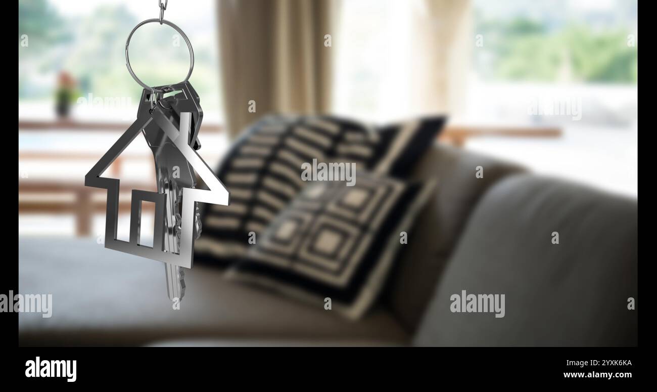 Image of dangling house key and key fob over luxurious bathroom ...