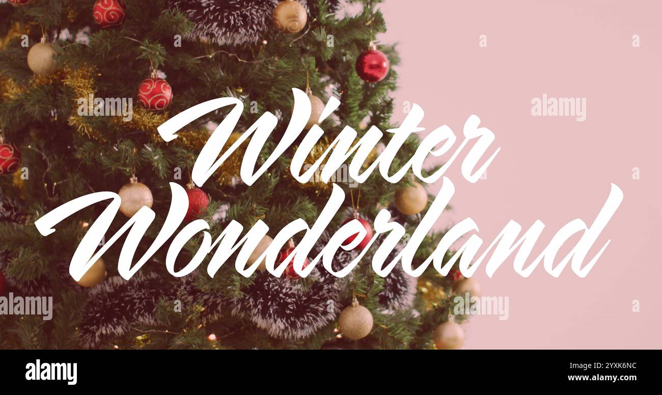 Image of winter wonderland text banner over decorated christmas tree ...