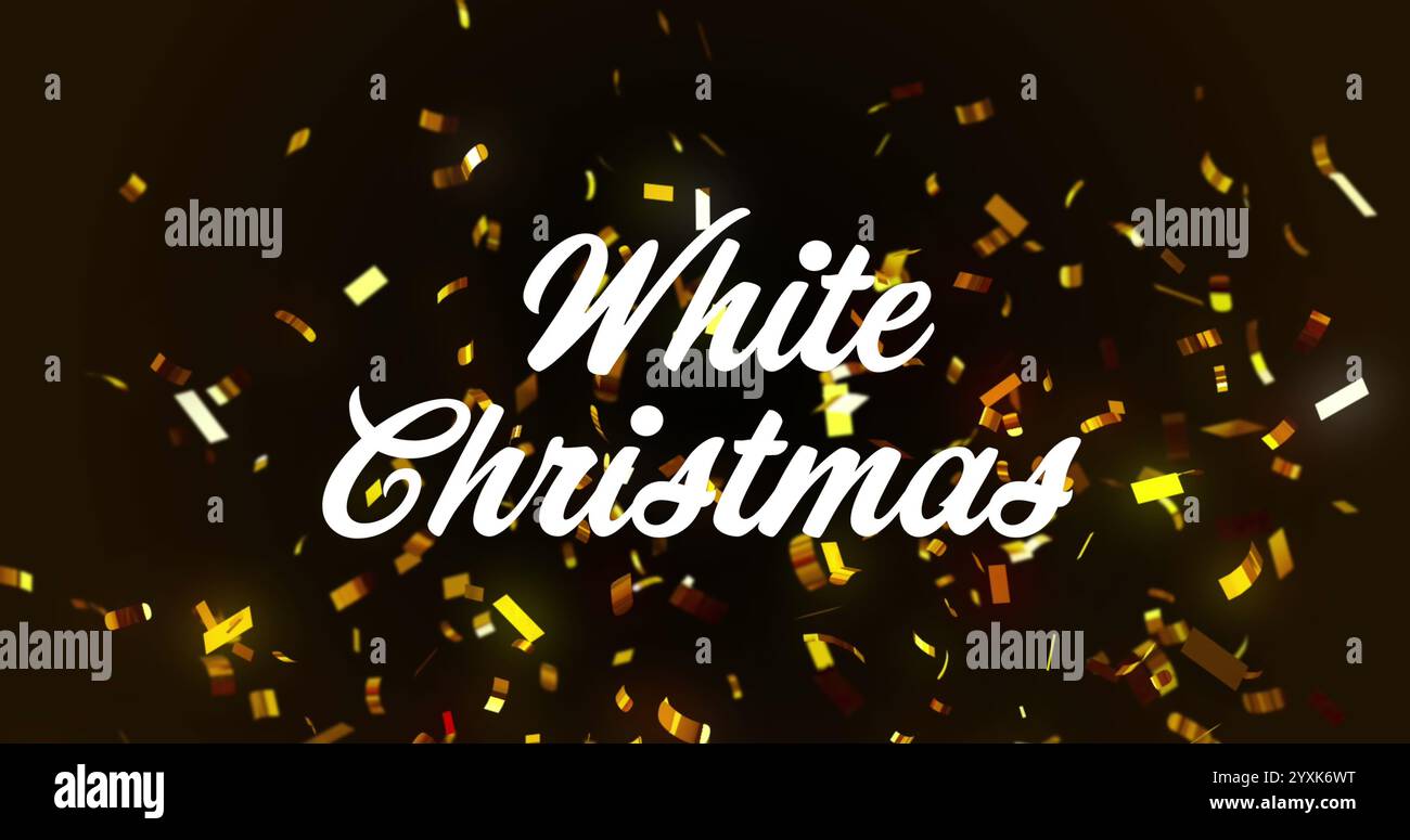 Image of white christmas text over confetti on black background ...
