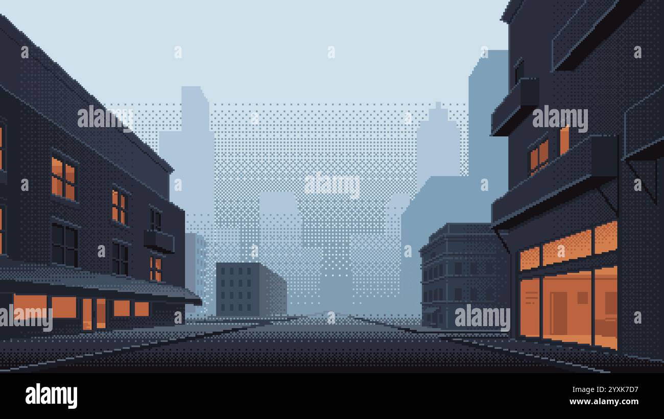 Pixel art cityscape at dusk. Houses with orange lights from windows on ...