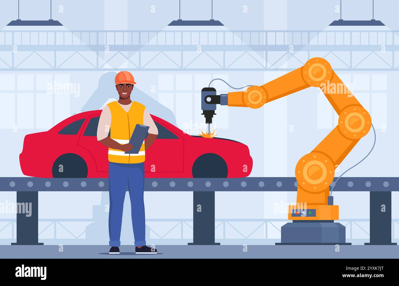 Process of automated car production. Machinery line with robotic hands ...