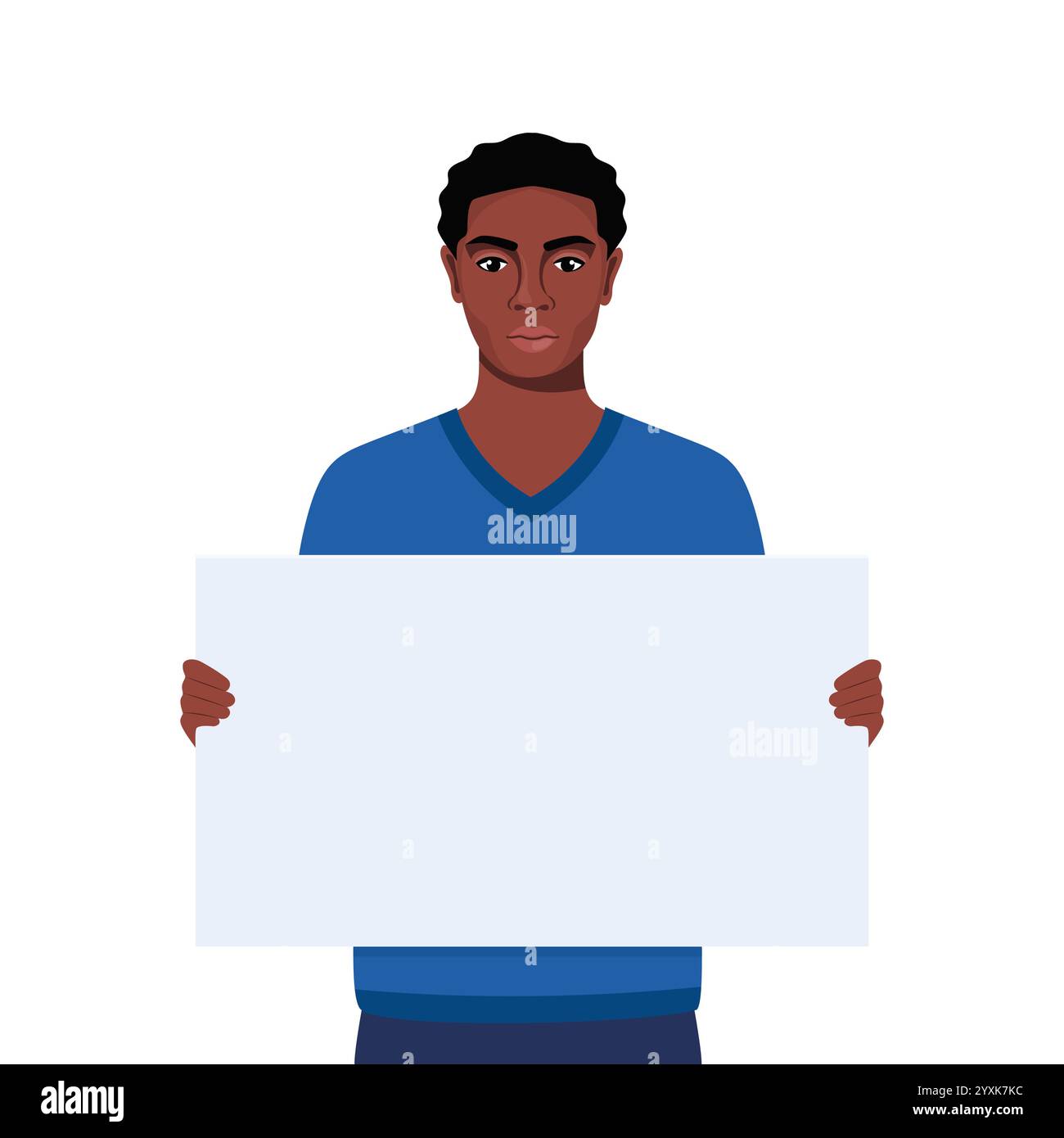 Black Man holding blank protesting placard. Person with empty banner ...