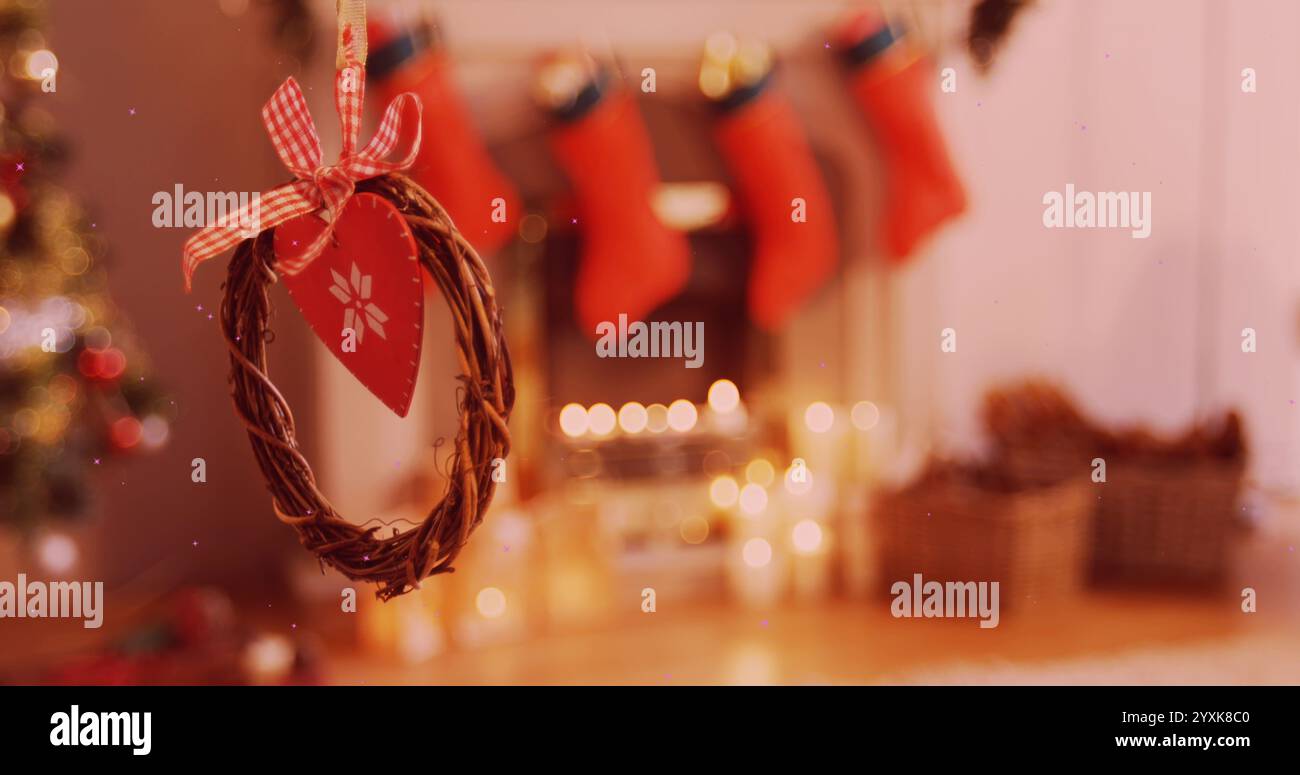 Image of spots over christmas decorations. Christmas, celebration and ...