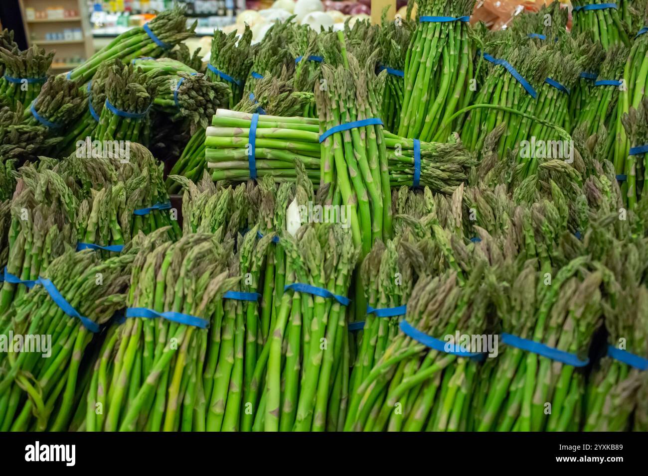 A view of several bunches of asparagus, on display at a local grocery ...