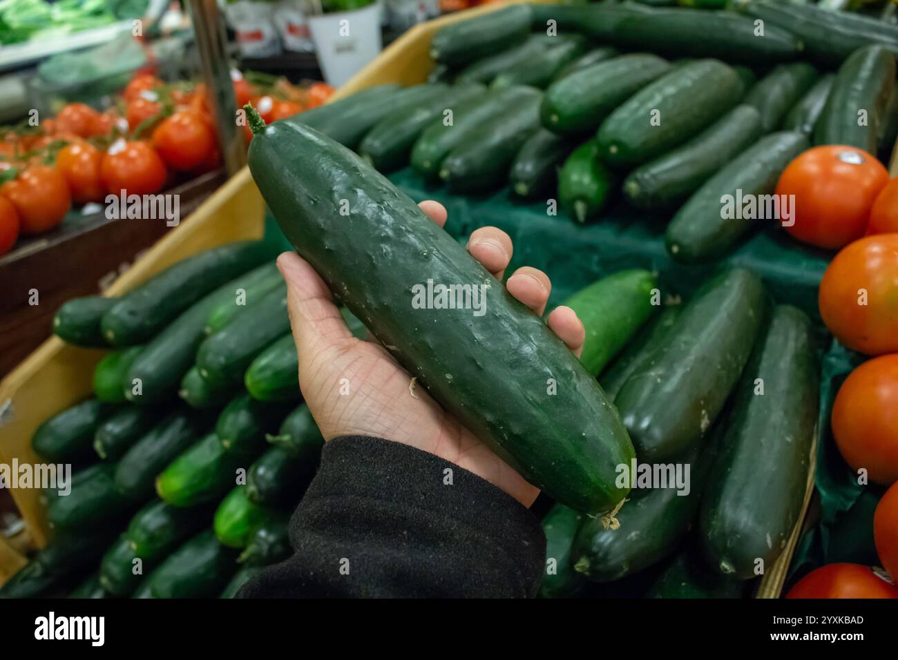 A view of a hand holding a cucumber, at a grocery store Stock Photo - Alamy