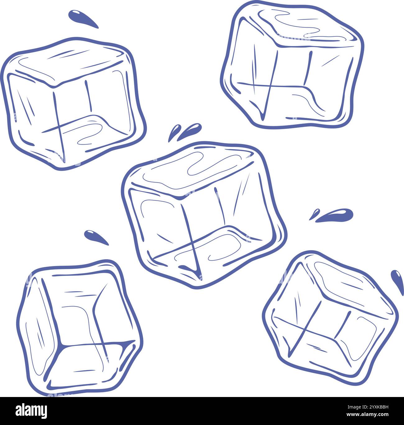 Ice cube collection. Cold drink melted ice cubes sketch symbol on white background. Hand drawn ...
