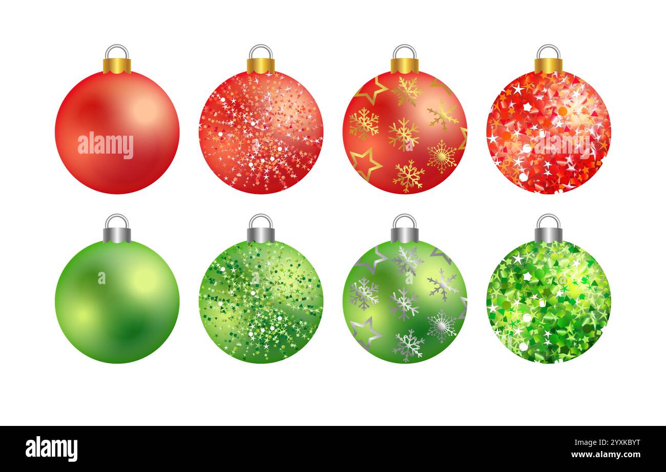 Set of shiny Christmas balls, vector clip art. Green and red colours. X ...