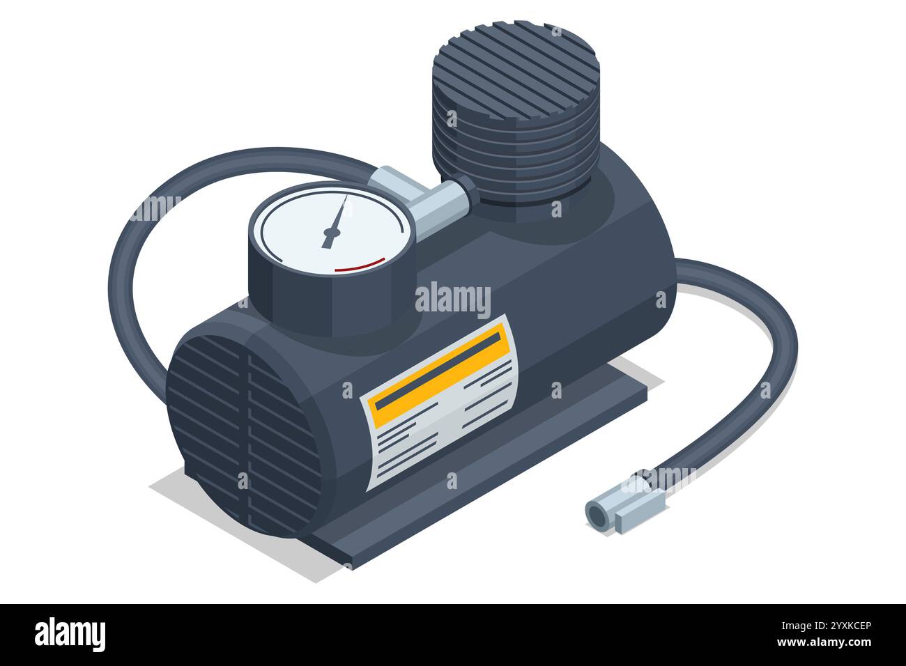 Isometric car air compressor with a pressure gauge and hose. This ...