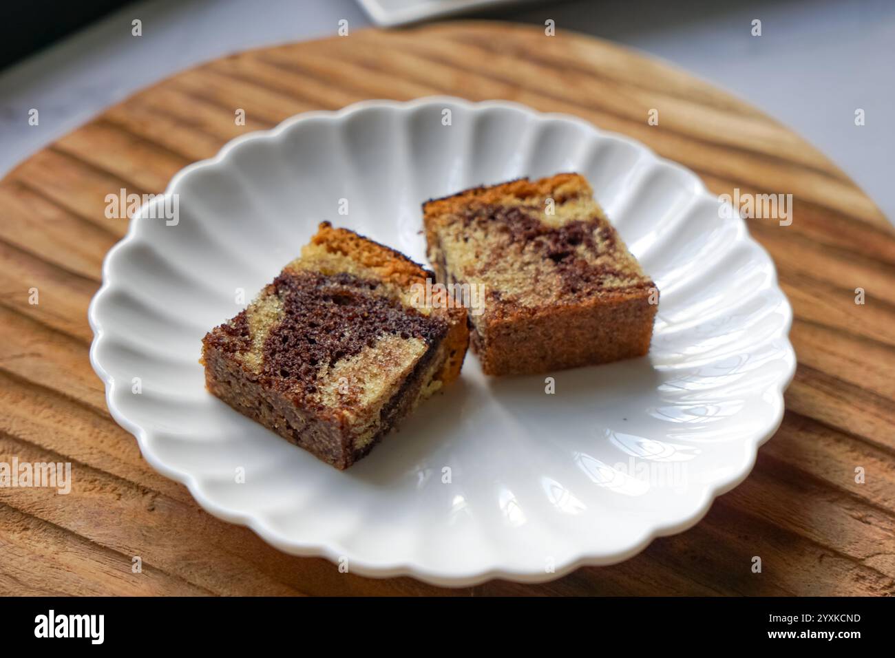 Homemade Marble Cake Squares on a Wooden Tray With Tea Setup Floral ...