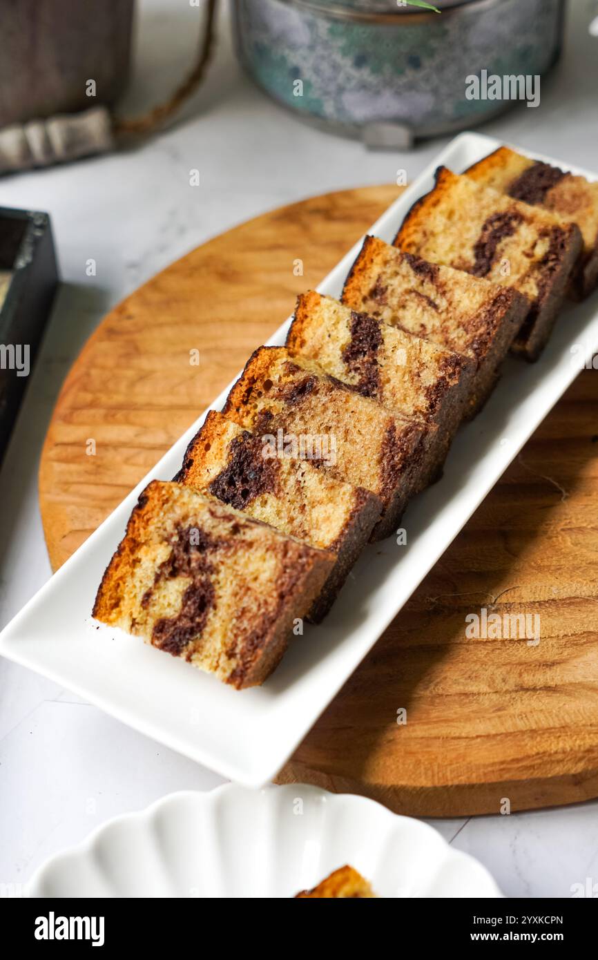 Homemade Marble Cake Squares on a Wooden Tray With Tea Setup Floral ...