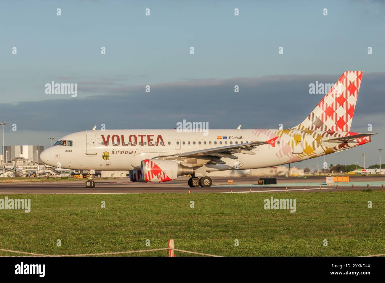 Volotea airbus a319 aircraft is taxiing at lisbon humberto delgado ...
