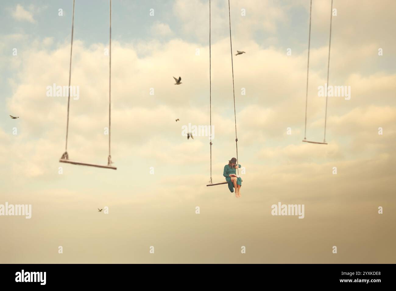 surreal woman on a swing in the sky reading a book surrounded by other ...