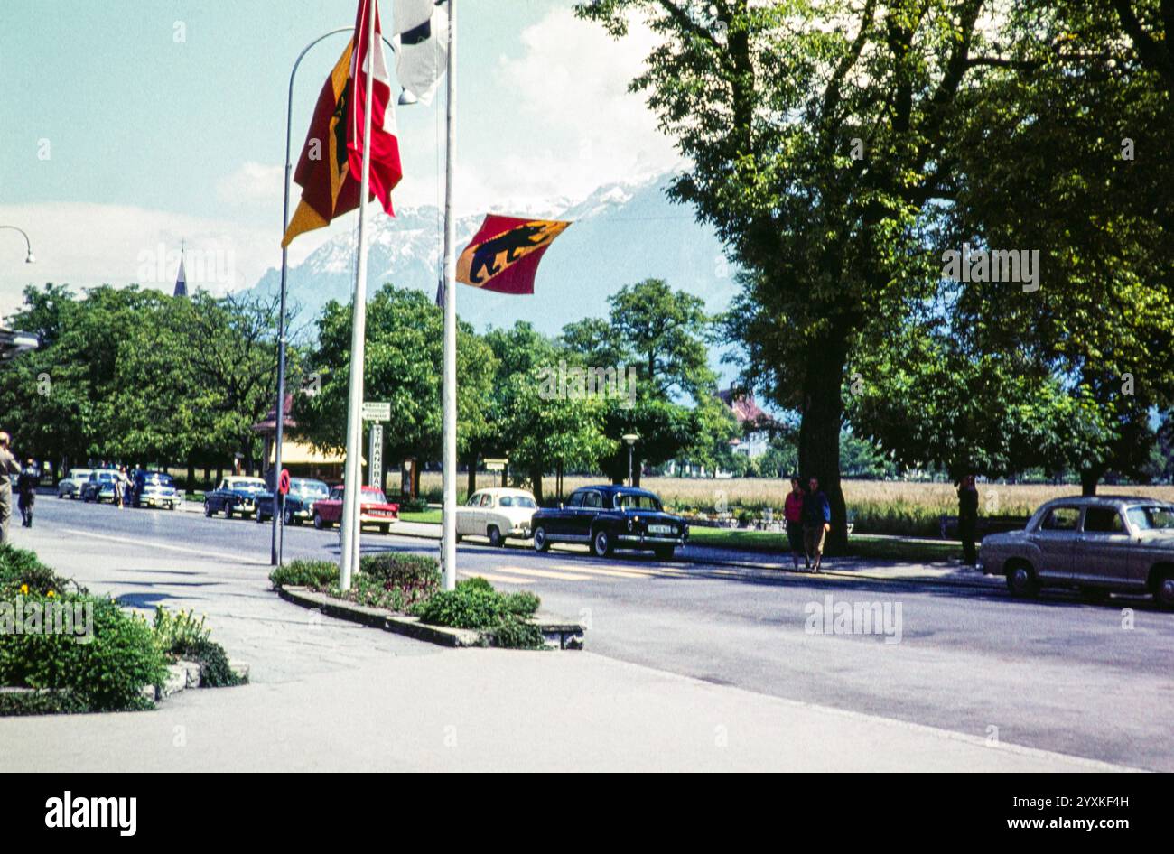 Flags flying on street, Strandbad, Interlaken, Bernese Oberland ...