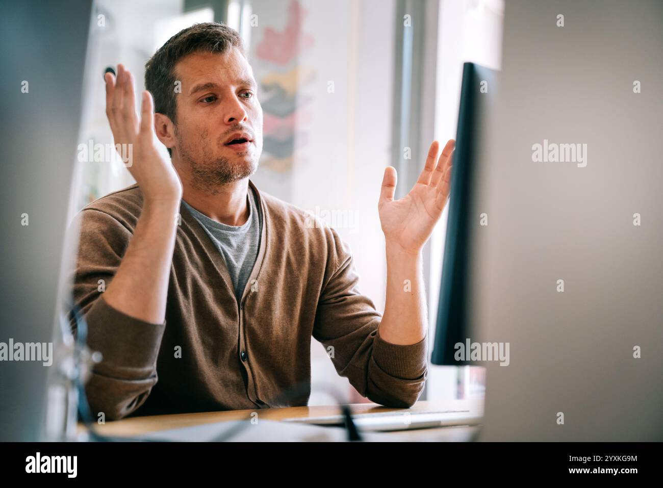 Overworked tired employee, programmer at workplace in office being ...