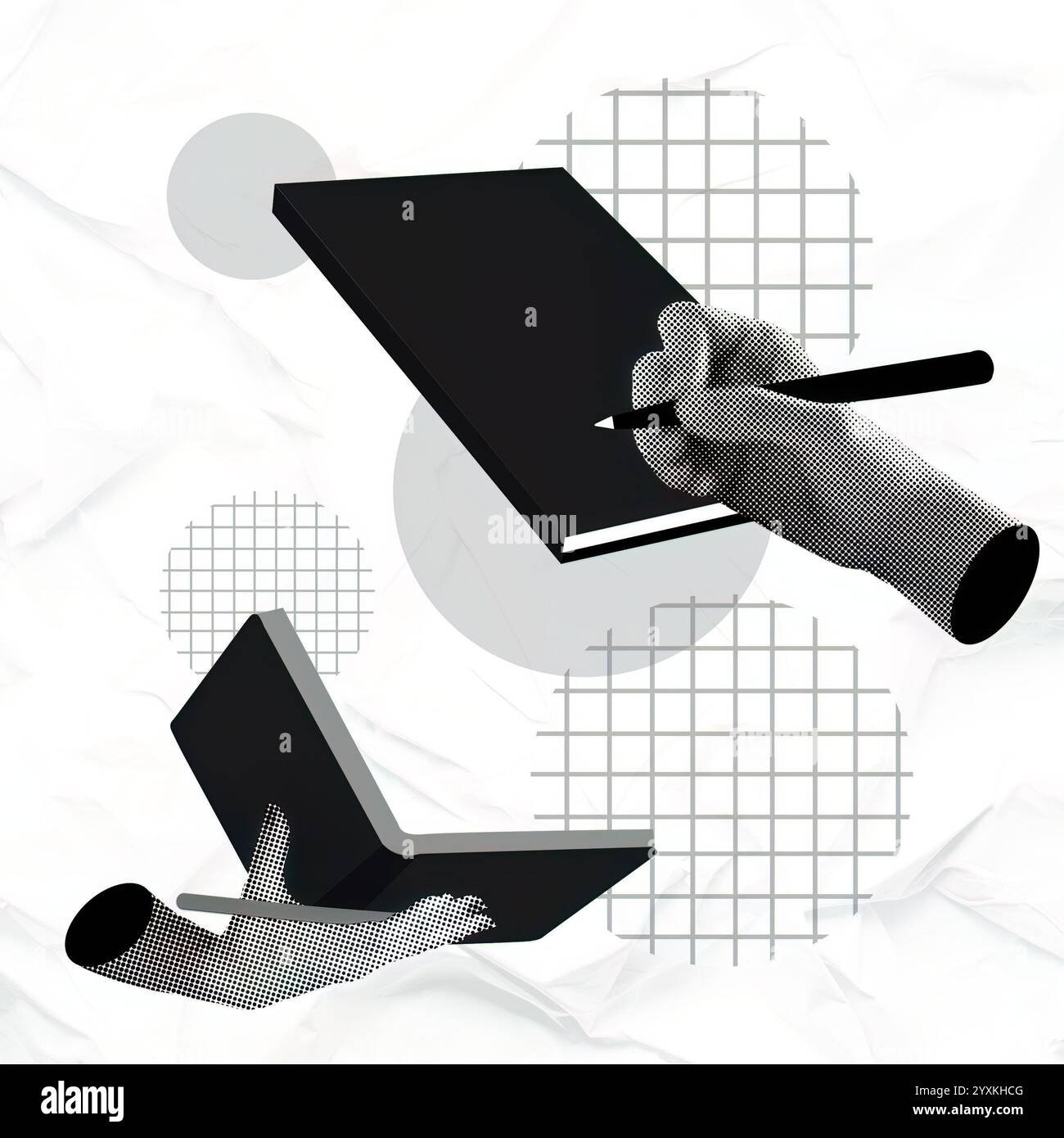 Focused student writing notes in a notebook with creative abstract ...