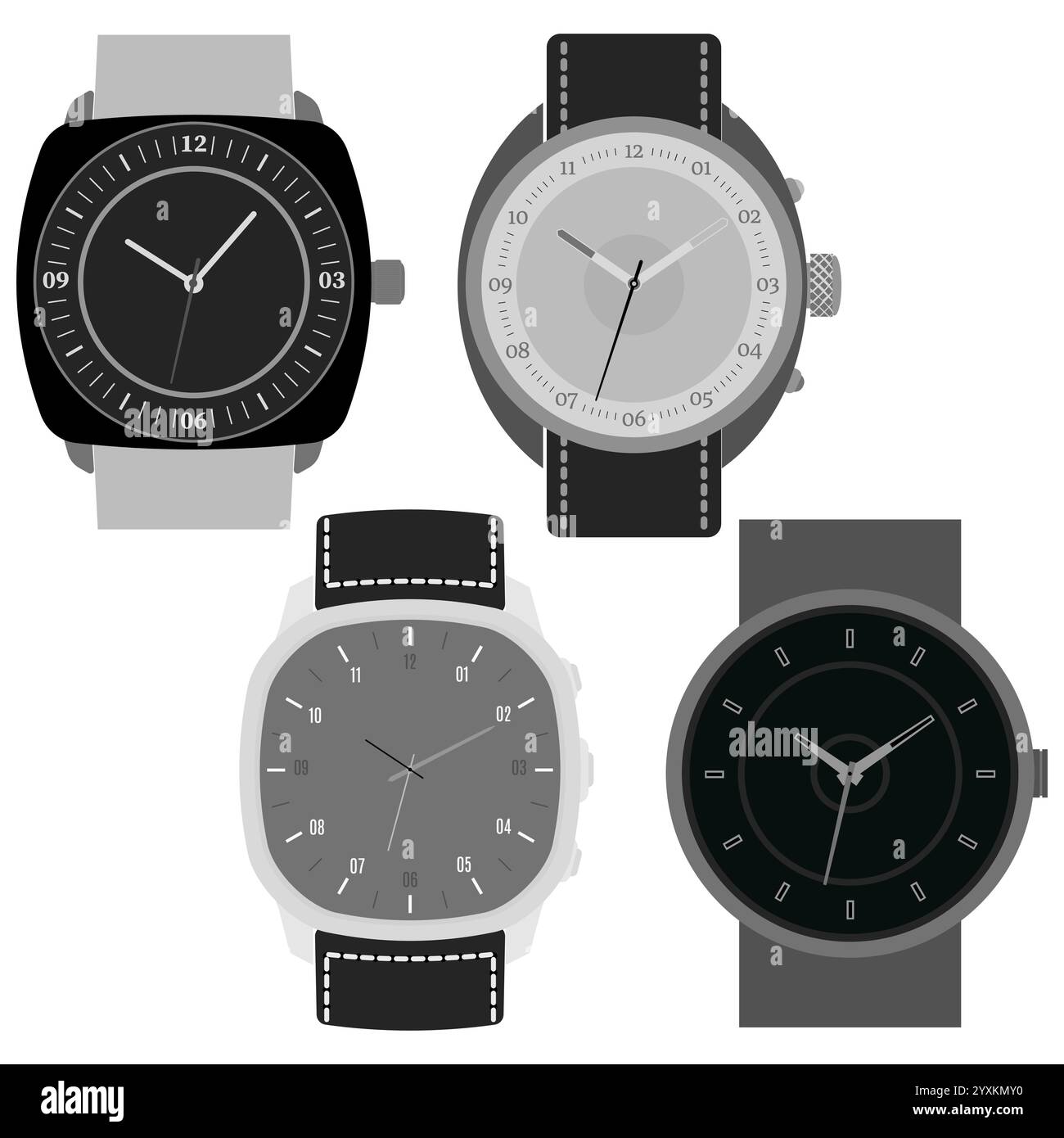 Set of four black and white watches on white background. Clock face ...
