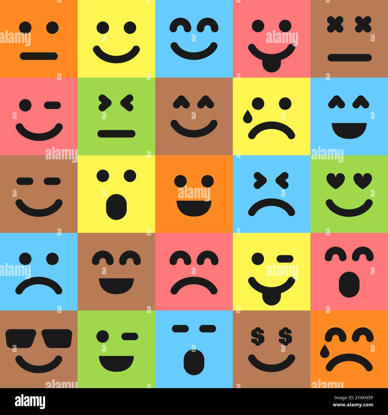 Set of twenty five colorful emoticons. Emoji icon in square. Flat ...