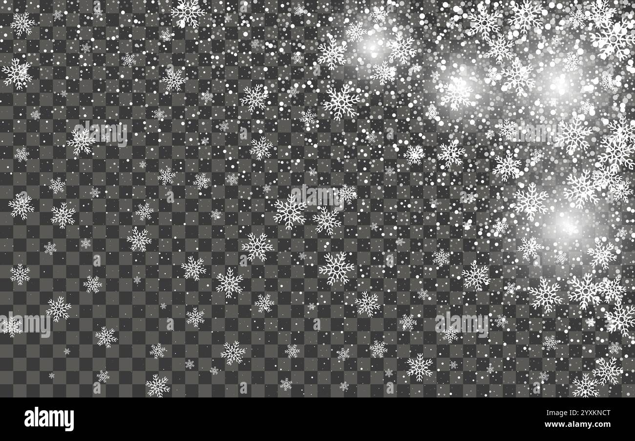 Snowfall and falling snowflakes on dark transparent background. White ...