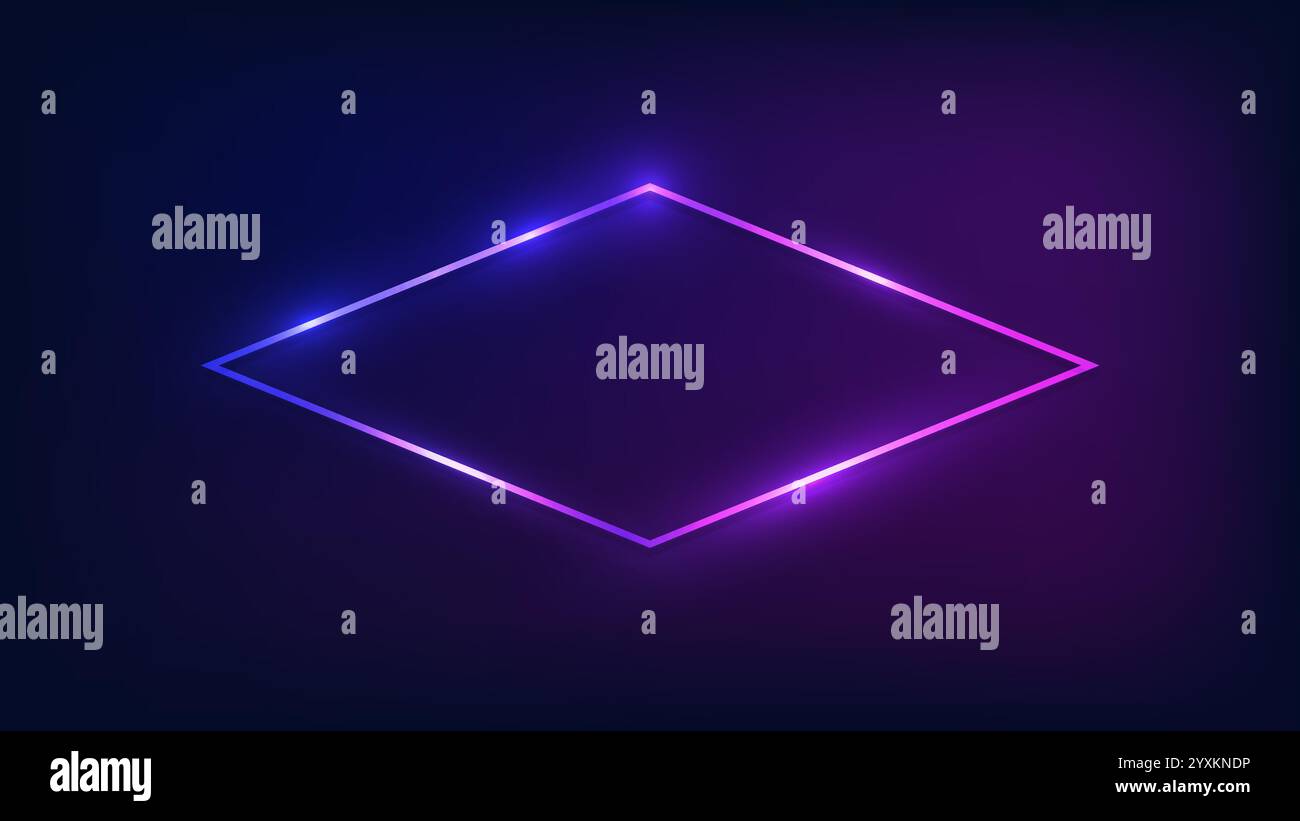 Neon rhombus frame with shining effects on dark background. Empty ...