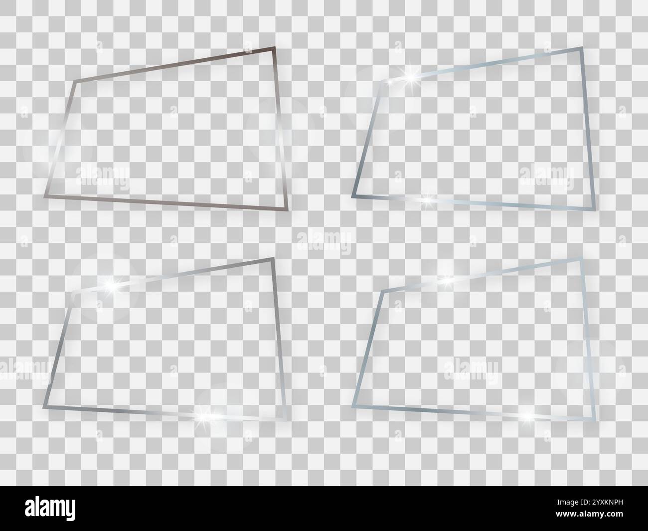 Set of four silver shiny rectangular frames with glowing effects and ...