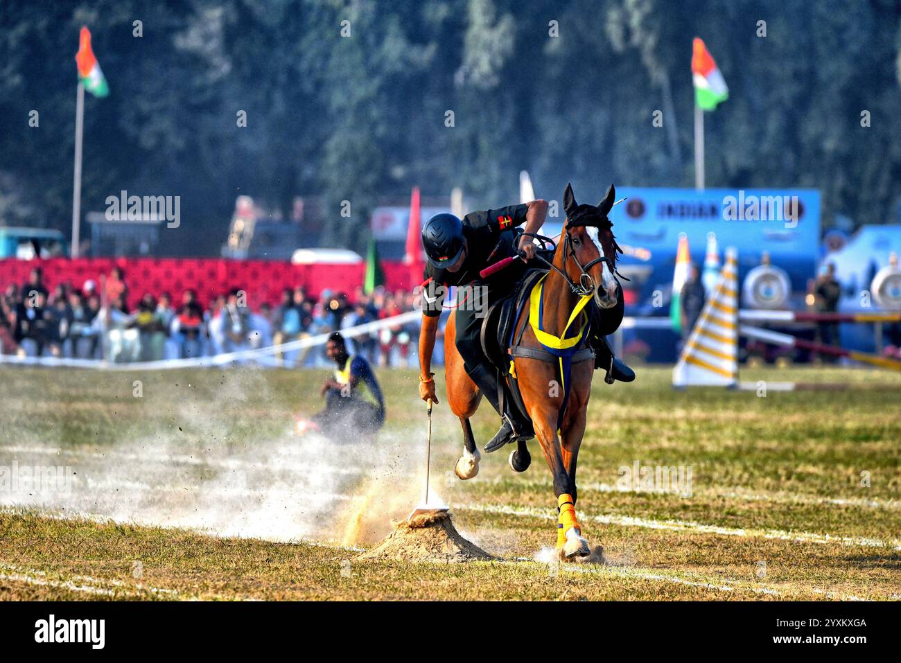 Indian Army soldiers show skills on a horse during the Military show in ...