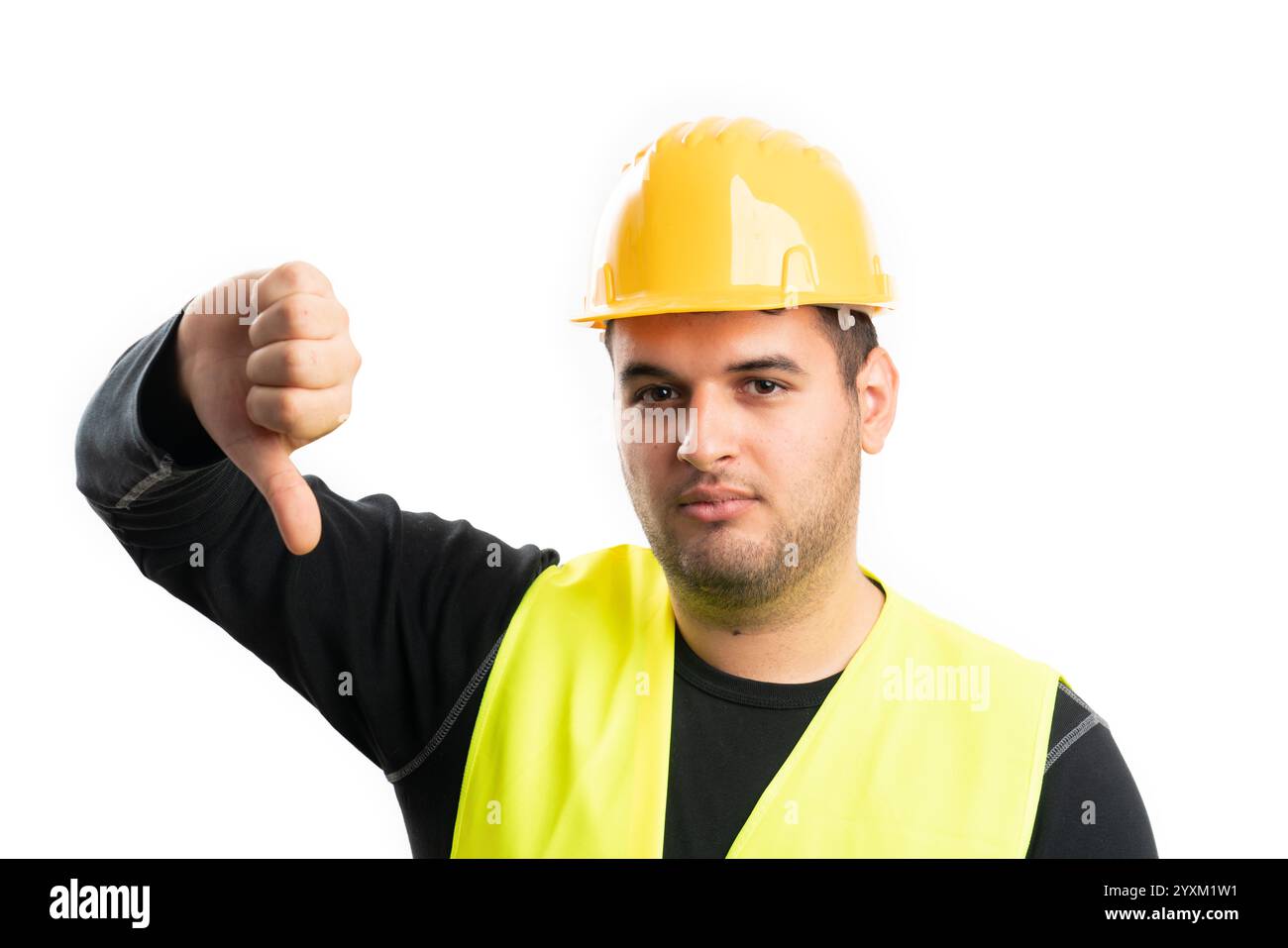 Constructor male model showing thumb-down as dislike disapprove gesture ...