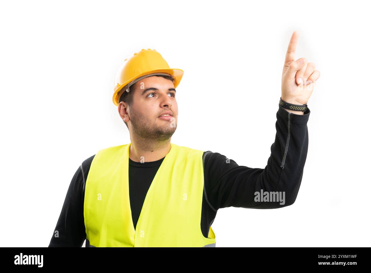 Male trades worker constructor pointing index finger as touching ...