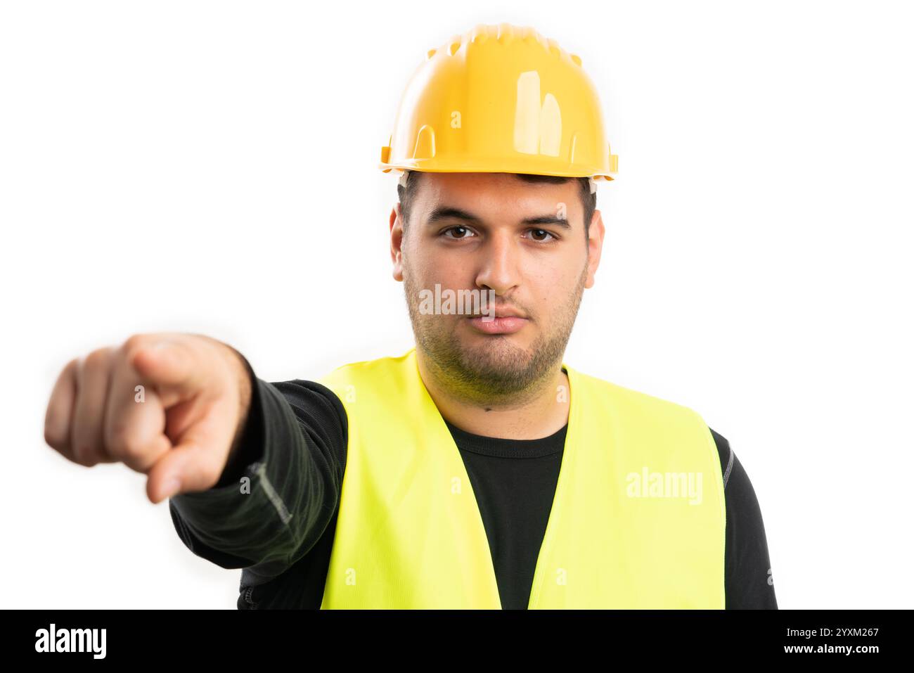 Constructor man wearing fluorescent work vest and yellow helmet for ...