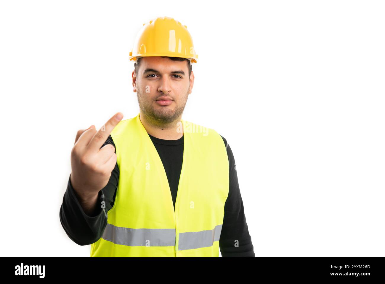 Angry builder man showing middle finger as offensive gesture wearing ...