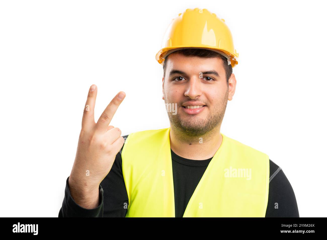 Builder man wearing safety hardhat and fluorescent vest work equipment ...
