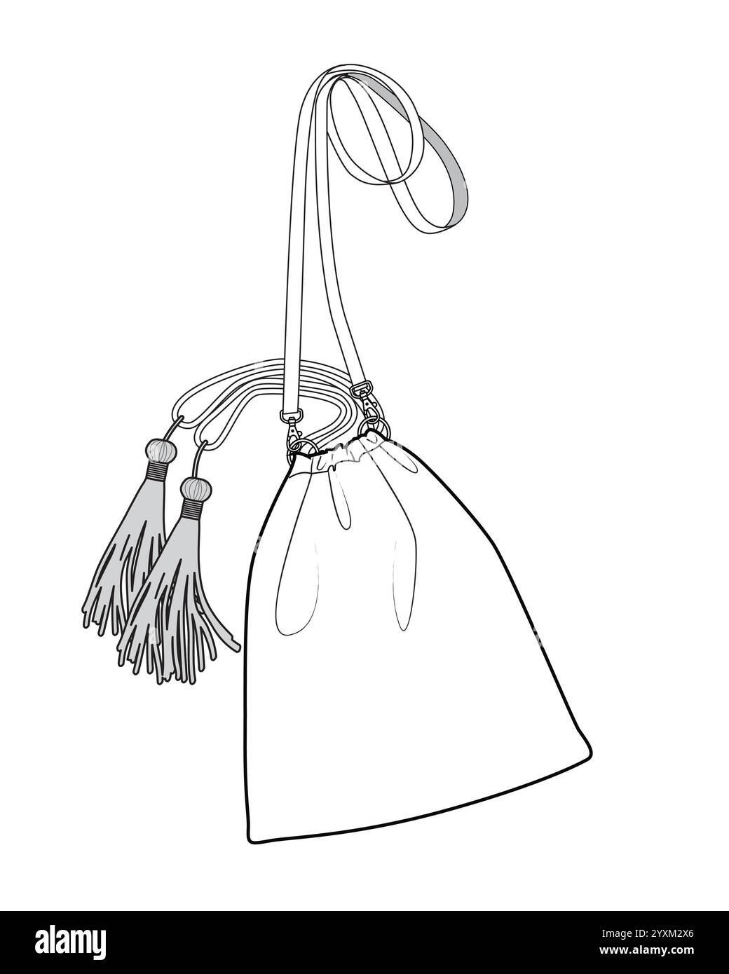 Crossbody drawstring bag for women flat drawing vector mockup template ...