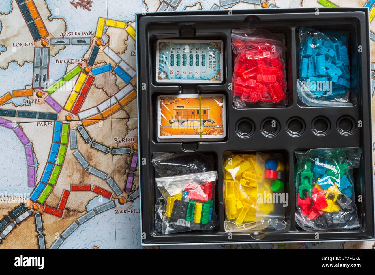 Ticket to Ride Europe board game - box opened to show contents on board ...