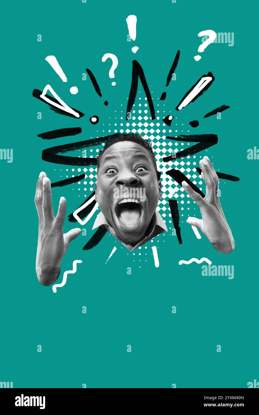 Shocked emotional man surrounded by bold graphic elements, exclamation ...