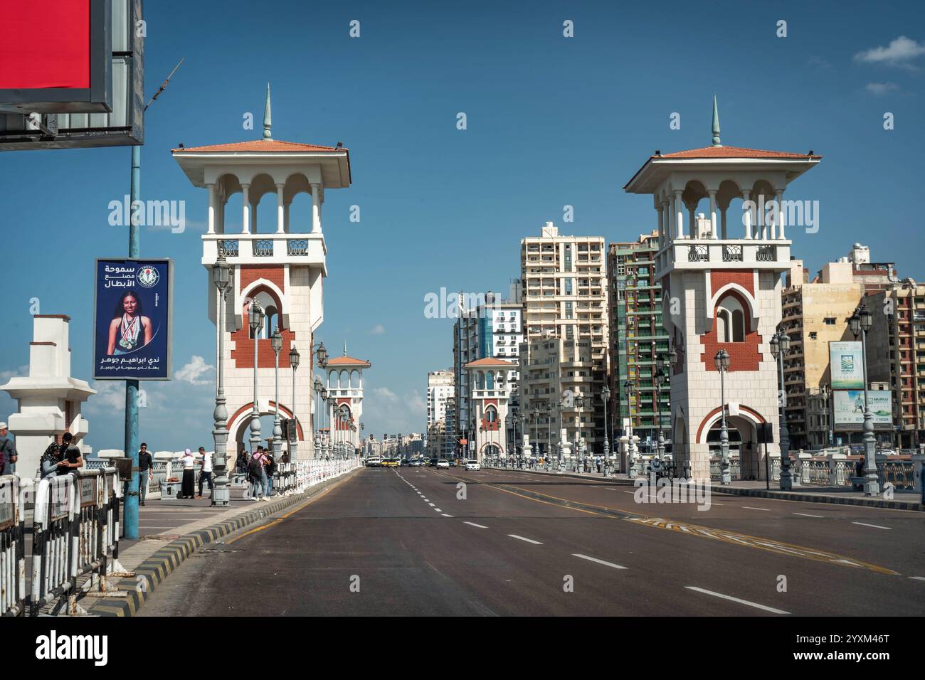 Stanley Bridge in Alexandria, Egypt, under a clear blue sky. The iconic ...