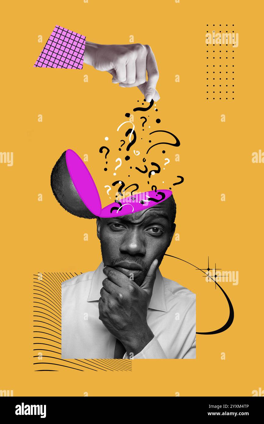 Thoughtful man with stylized, open head and illustrated question marks floating above Stock ...