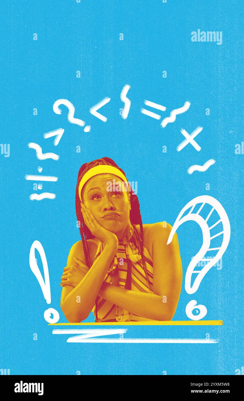 Creative image of young woman with bored and thoughtful face ...