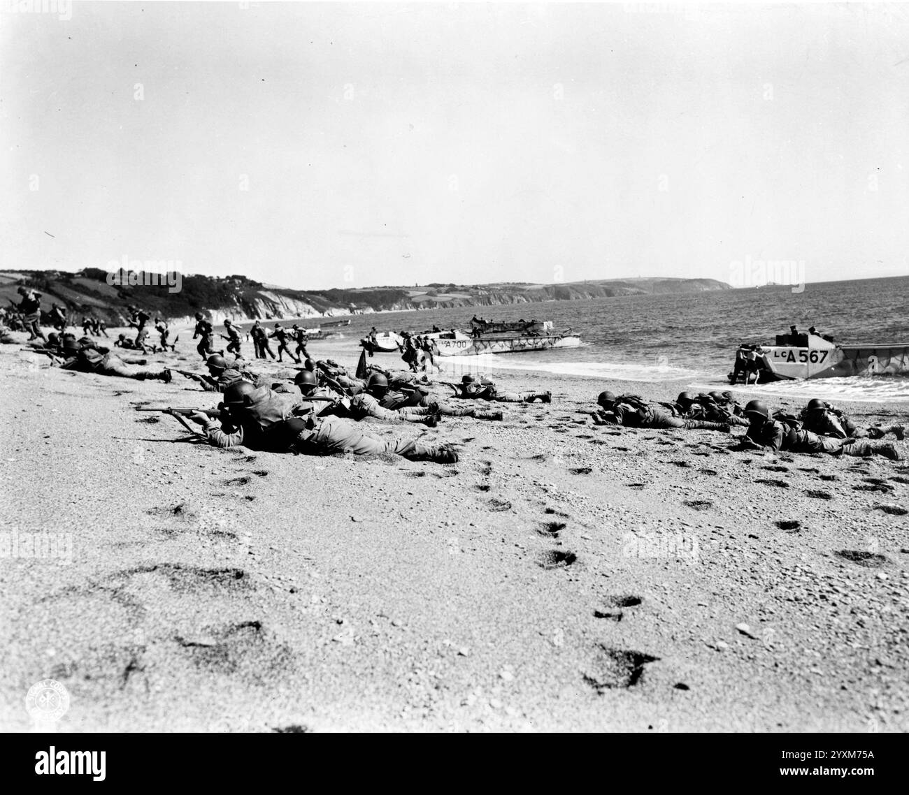 D-Day rehearsal - American troops landing on beach in England during ...