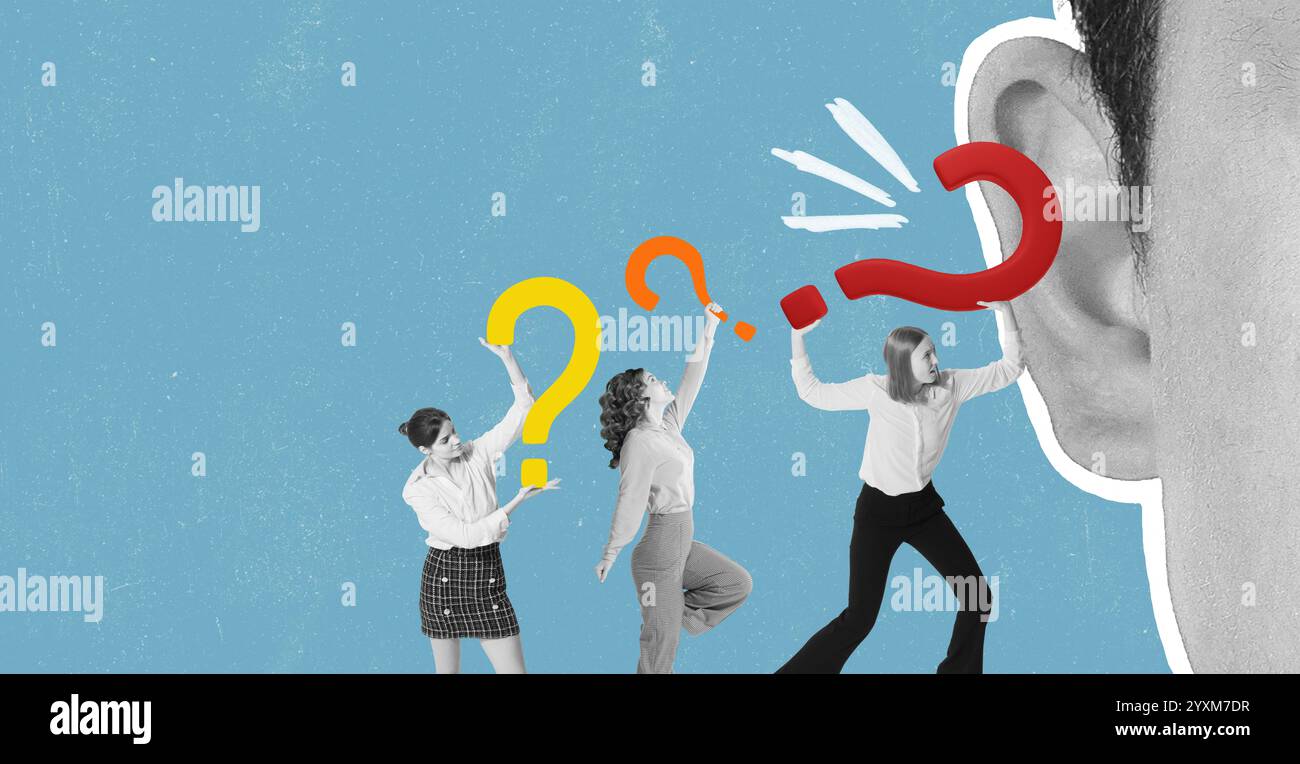 Three women holding oversized question marks near large ear ...