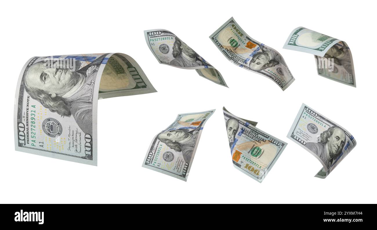 100 dollars flying on white background. USA banknotes at different ...