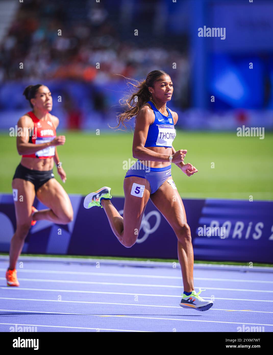 Gabrielle Thomas participating in the 200 meters at the Paris 2024 ...