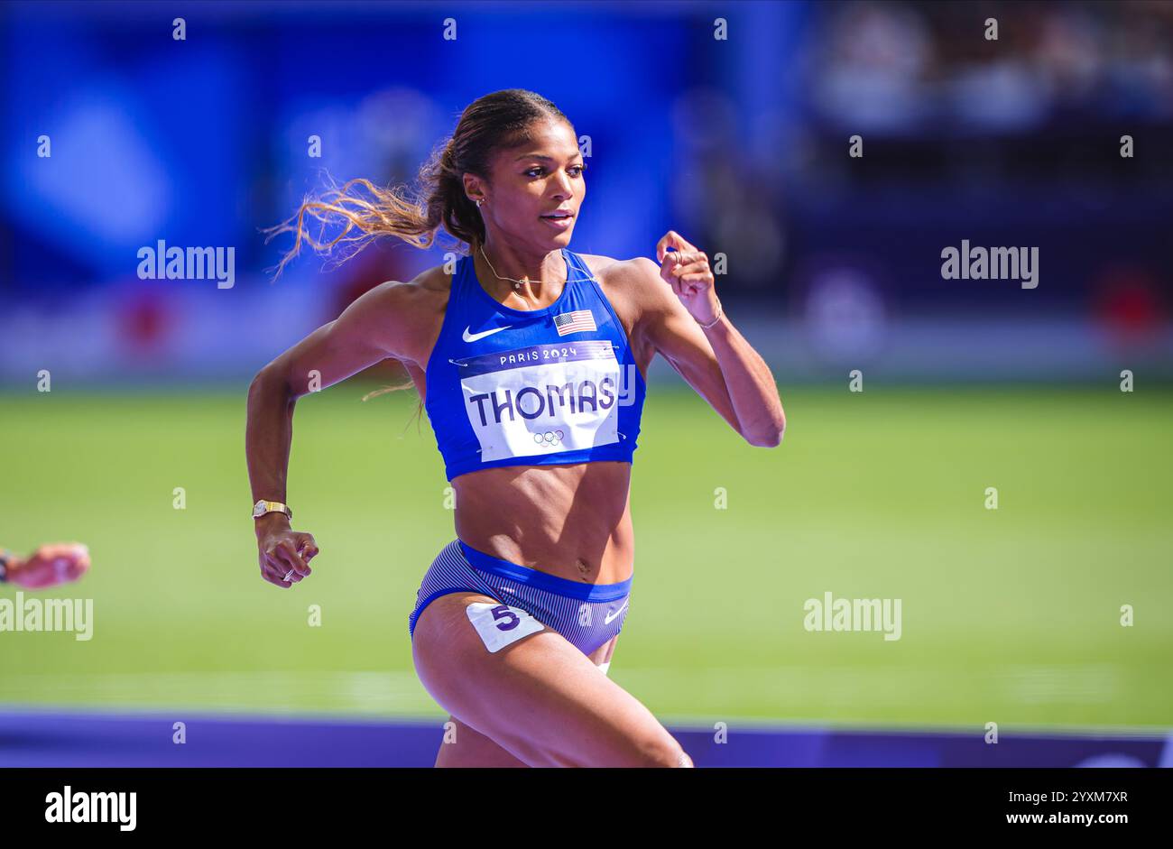 Gabrielle Thomas participating in the 200 meters at the Paris 2024 ...