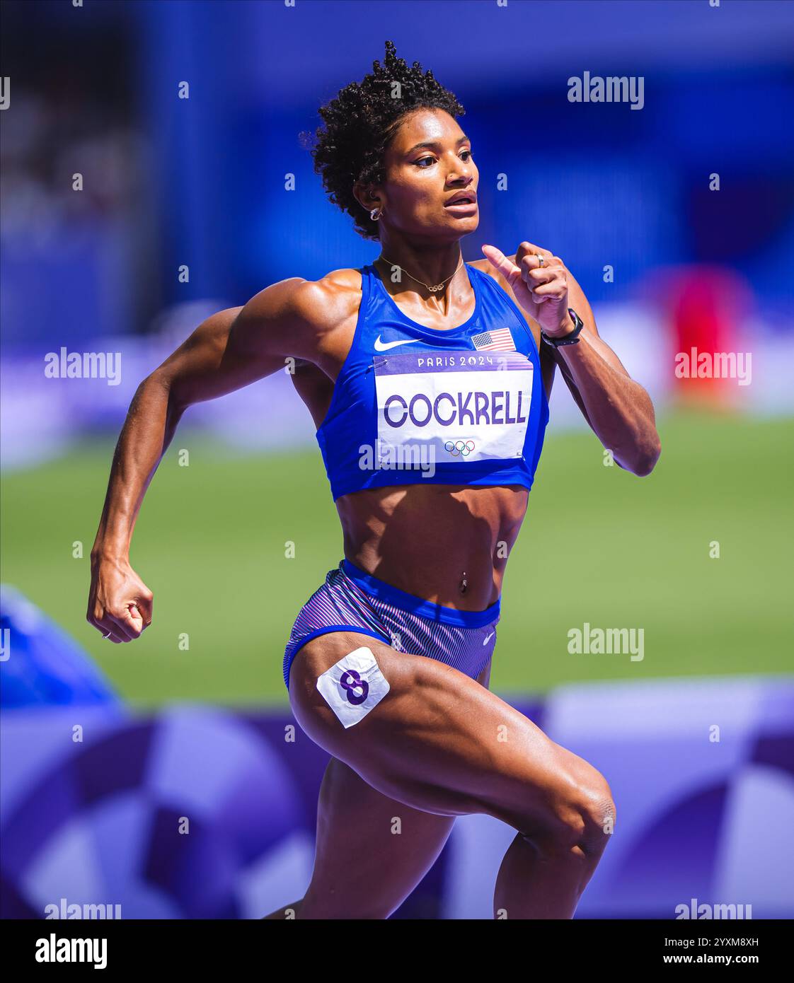 Anna Cockrell participating in the 400 meters hurdles at the Paris 2024 ...