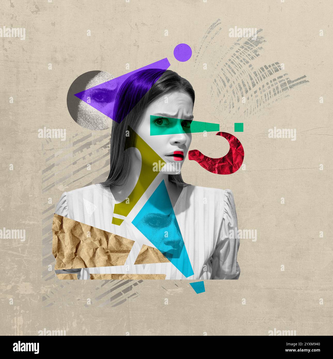Abstract portrait of thoughtful woman overlaid with colorful geometric ...