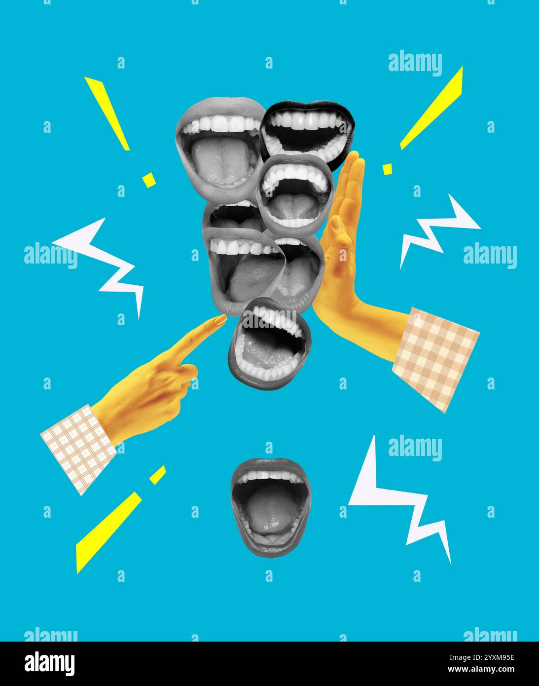 Multiple mouths shouting against bright blue background, highlighted ...